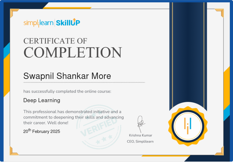 Swapnil Shankar More has successfully completed the online course Deep ... Swapnil Shankar More has successfully completed the online course Deep ...