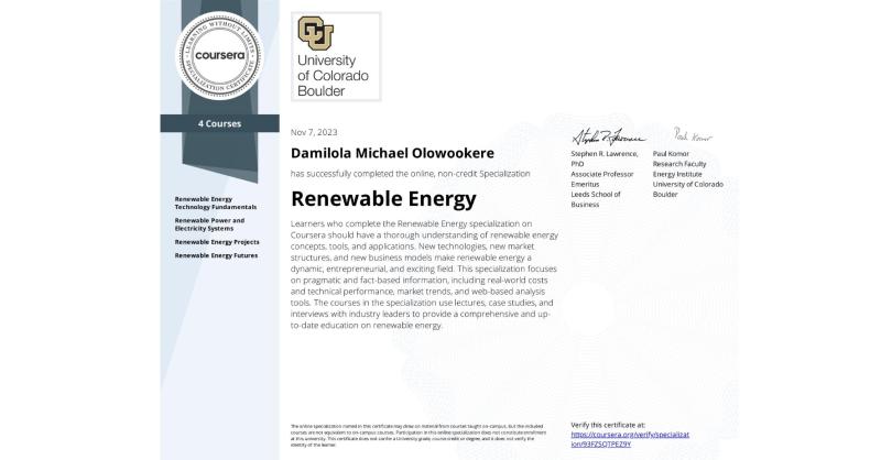Completed Renewable Energy Specialization at CU Boulder | Damilola ... Completed Renewable Energy Specialization at CU Boulder | Damilola ...