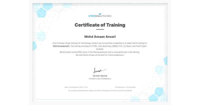 Successfully completed the Web Development training from Internshala ... Successfully completed the Web Development training from Internshala ...