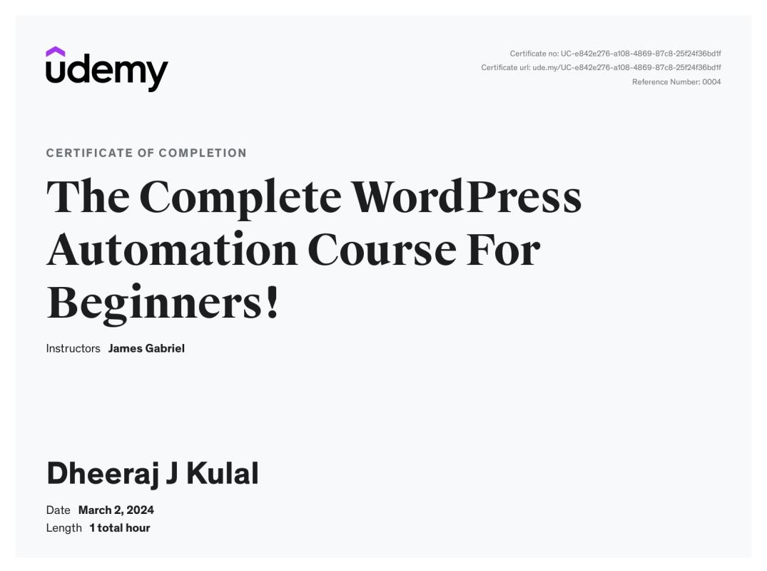 Udemy Course Completion Certificate | Dheeraj J Kulal Udemy Course Completion Certificate | Dheeraj J Kulal
