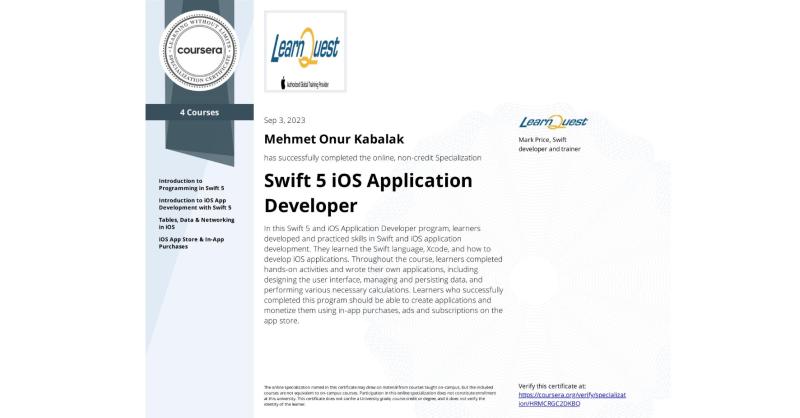 Completion Certificate for Swift 5 iOS Application Developer | Mehmet ... Completion Certificate for Swift 5 iOS Application Developer | Mehmet ...