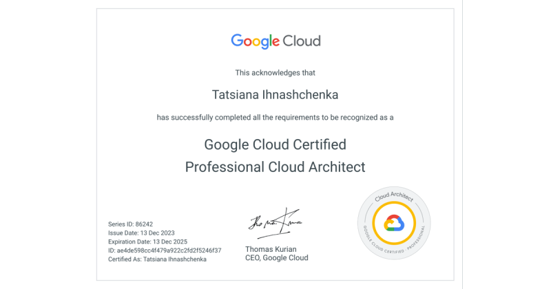 Tatsiana Ihnashchenka on LinkedIn: Professional Cloud Architect ... Tatsiana Ihnashchenka on LinkedIn: Professional Cloud Architect ...