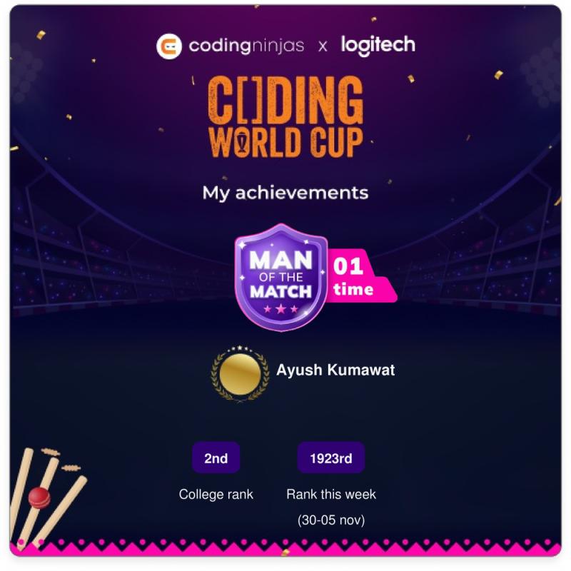 Ayush Kumawat on LinkedIn: Coding World Cup 2023 Ayush Kumawat on LinkedIn: Coding World Cup 2023