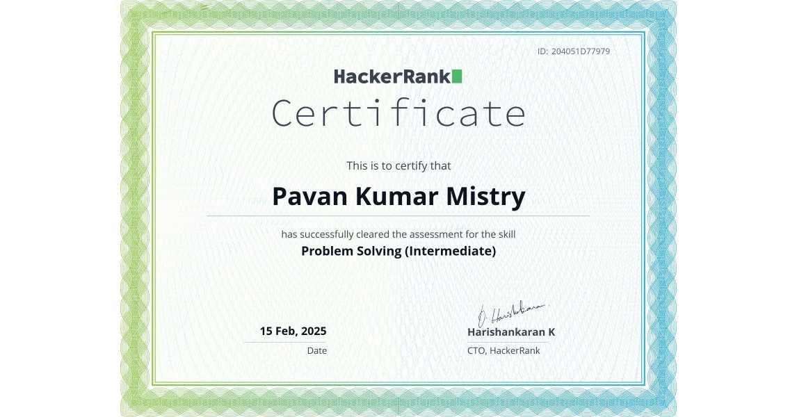 Mistry Pavan Kumar on LinkedIn: HackerRank Skill Certificate Mistry Pavan Kumar on LinkedIn: HackerRank Skill Certificate