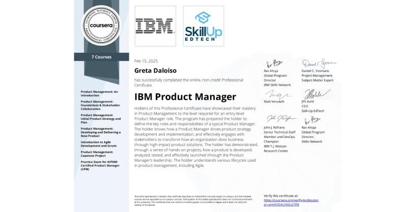 Greta Daloiso on LinkedIn: Completion Certificate for IBM Product Manager Greta Daloiso on LinkedIn: Completion Certificate for IBM Product Manager