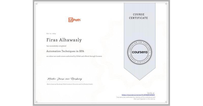 Completion Certificate for Automation Techniques in RPA | Firas Hawasli ... Completion Certificate for Automation Techniques in RPA | Firas Hawasli ...