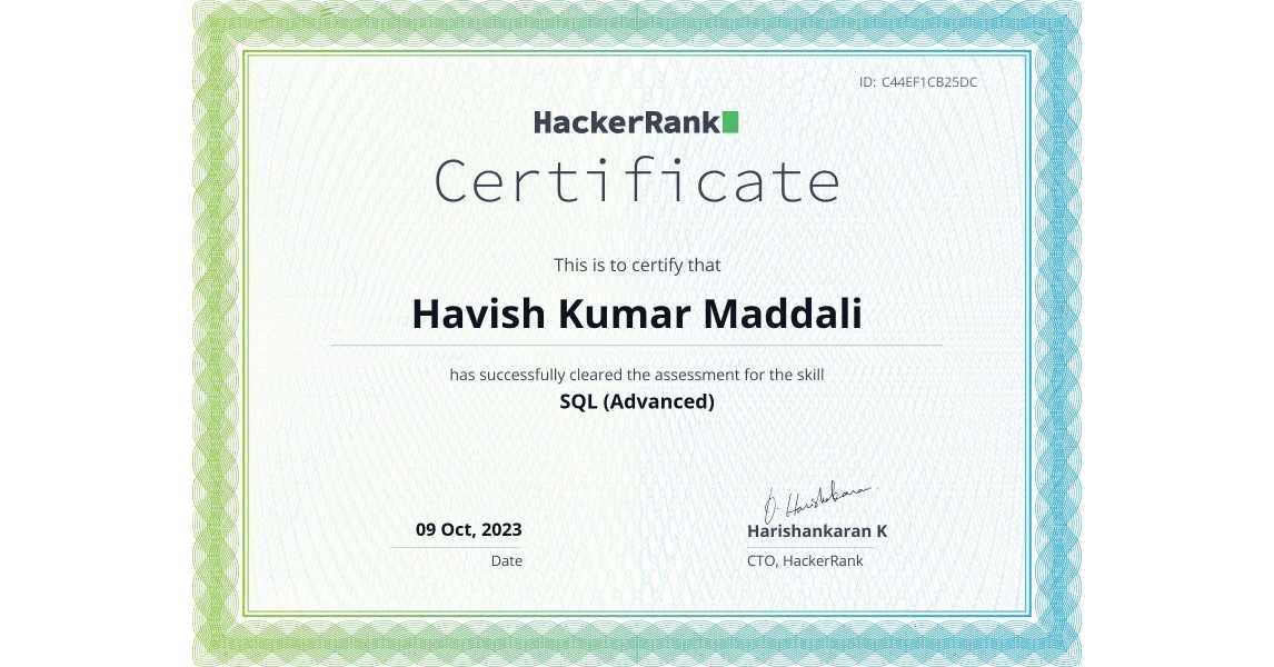 Havish Kumar Maddali on LinkedIn: HackerRank Skill Certificate Havish Kumar Maddali on LinkedIn: HackerRank Skill Certificate