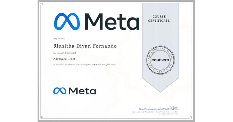 Rishitha Divan on LinkedIn: Completion Certificate for Advanced React Rishitha Divan on LinkedIn: Completion Certificate for Advanced React