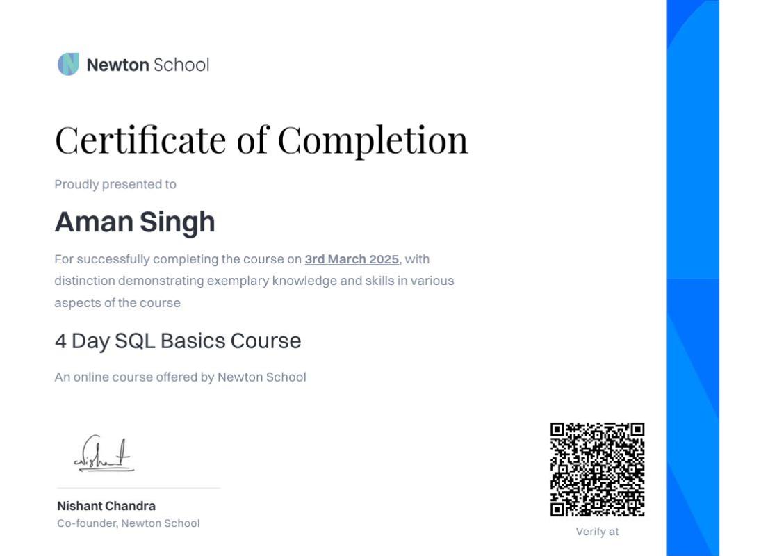 Aman Singh got certified! | Newton School | Aman Singh Aman Singh got certified! | Newton School | Aman Singh