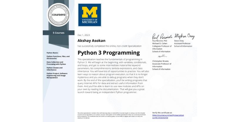 Akshay Asokan on LinkedIn: Completion Certificate for Python 3 Programming Akshay Asokan on LinkedIn: Completion Certificate for Python 3 Programming