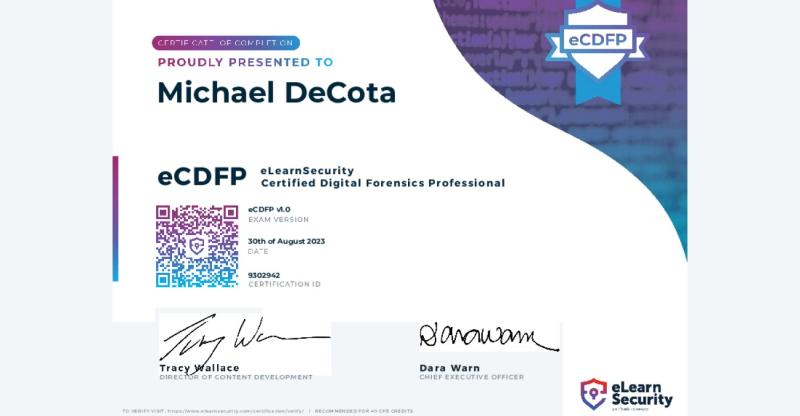 Michael DeCota on LinkedIn: eCDFP Certification - eLearnSecurity ... Michael DeCota on LinkedIn: eCDFP Certification - eLearnSecurity ...