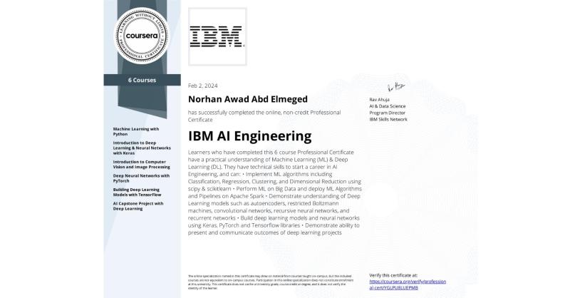 Norhan Awad on LinkedIn: Completion Certificate for IBM AI Engineering Norhan Awad on LinkedIn: Completion Certificate for IBM AI Engineering