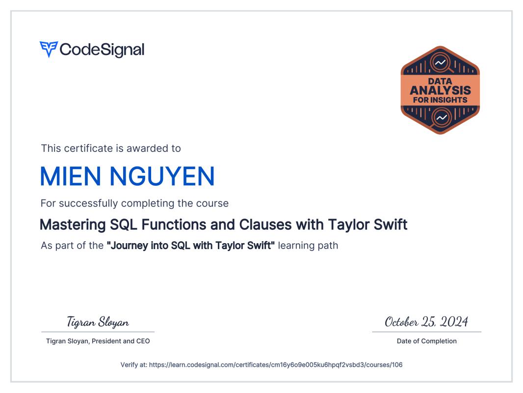 Mien NGUYEN on LinkedIn: Course certificate for Mastering SQL Functions ... Mien NGUYEN on LinkedIn: Course certificate for Mastering SQL Functions ...