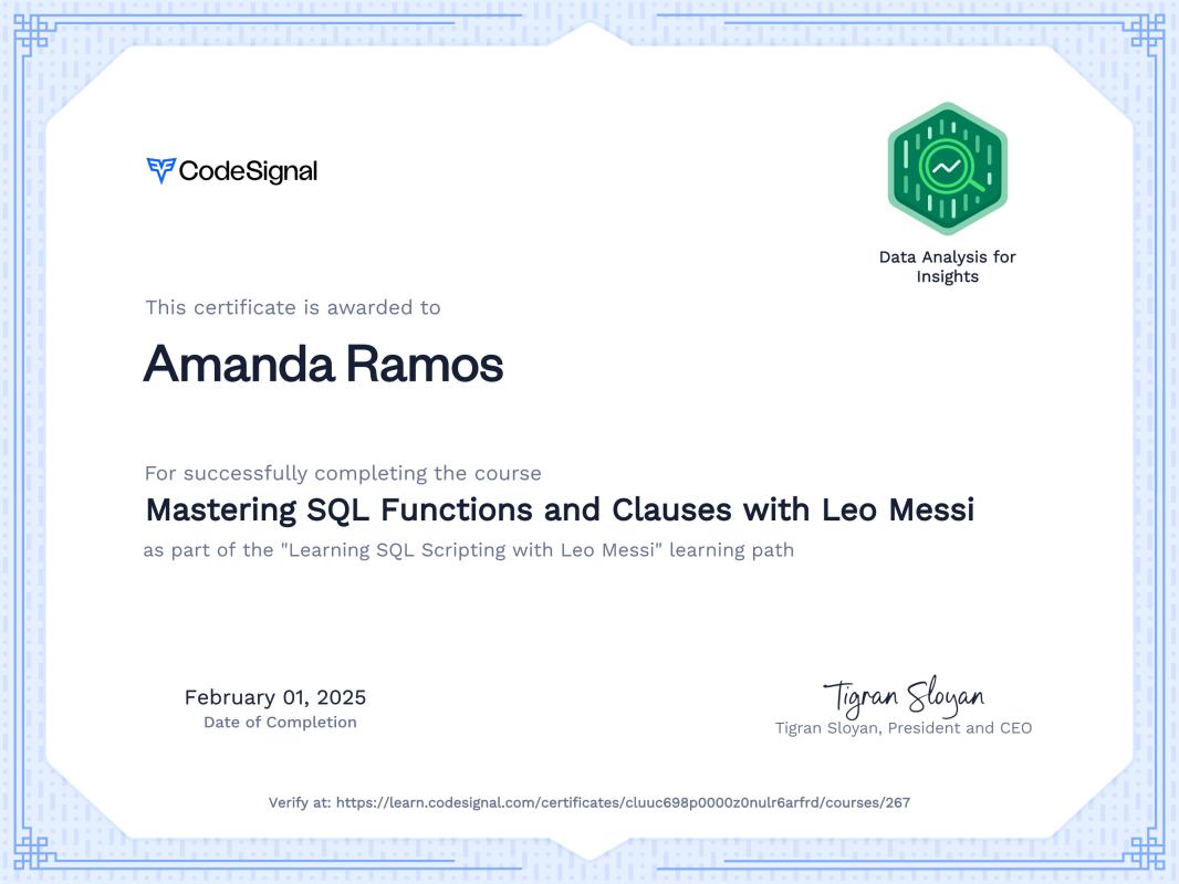 Amanda Ramos on LinkedIn: Course certificate for Mastering SQL ... Amanda Ramos on LinkedIn: Course certificate for Mastering SQL ...