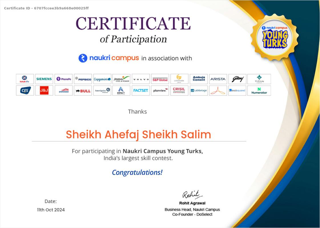 Sheikh Ahefaj on LinkedIn: Certificate of Participation in Naukri ... Sheikh Ahefaj on LinkedIn: Certificate of Participation in Naukri ...