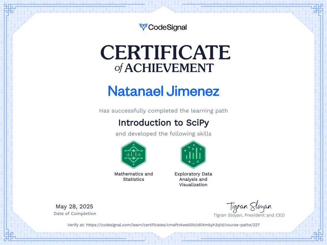 Path certificate for Introduction to SciPy | Natanael A. Jiménez B. Path certificate for Introduction to SciPy | Natanael A. Jiménez B.