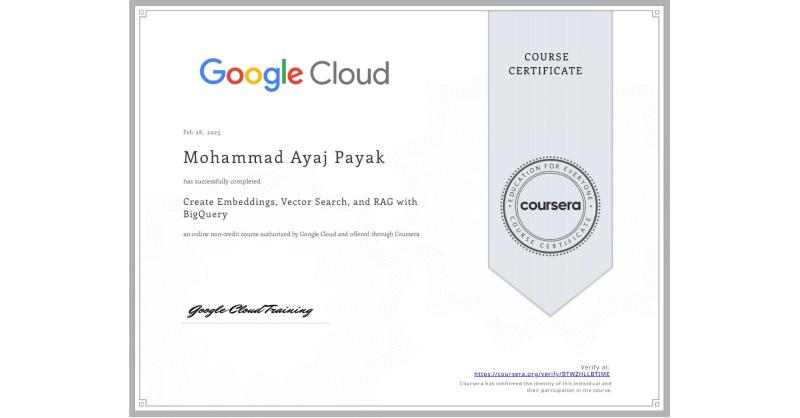 Completion Certificate for Create Embeddings, Vector Search, and RAG ... Completion Certificate for Create Embeddings, Vector Search, and RAG ...