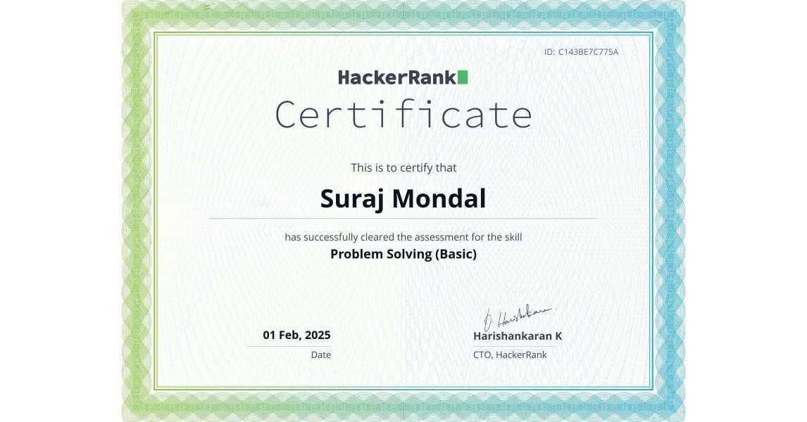 HackerRank Skill Certificate | SURAJ MONDAL HackerRank Skill Certificate | SURAJ MONDAL