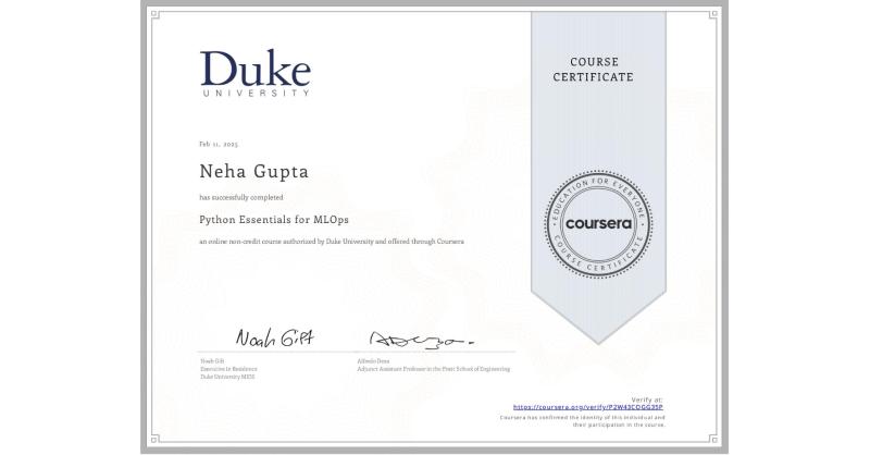 Completion Certificate for Python Essentials for MLOps | Neha Gupta Completion Certificate for Python Essentials for MLOps | Neha Gupta