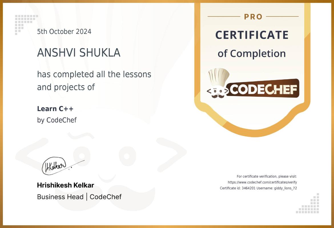 Anshvi Shukla on LinkedIn: CodeChef Certificate - ANSHVI SHUKLA Anshvi Shukla on LinkedIn: CodeChef Certificate - ANSHVI SHUKLA