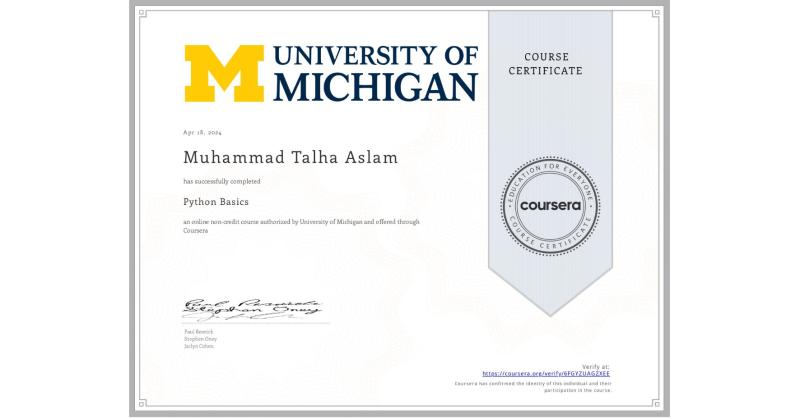 Muhammad Talha Aslam on LinkedIn: Completion Certificate for Python Basics Muhammad Talha Aslam on LinkedIn: Completion Certificate for Python Basics