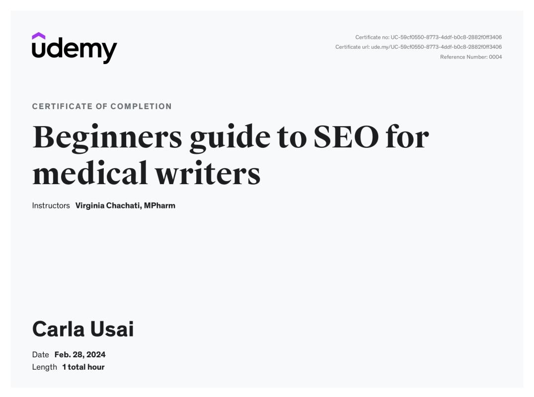 Udemy Course Completion Certificate | Write Clinic - Medical Writing Udemy Course Completion Certificate | Write Clinic - Medical Writing