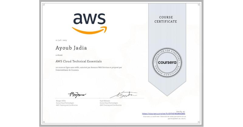 Completion Certificate for AWS Cloud Technical Essentials | Ayoub JADIA Completion Certificate for AWS Cloud Technical Essentials | Ayoub JADIA
