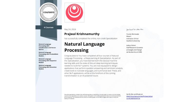 Completion Certificate for Natural Language Processing | Prajwal ... Completion Certificate for Natural Language Processing | Prajwal ...