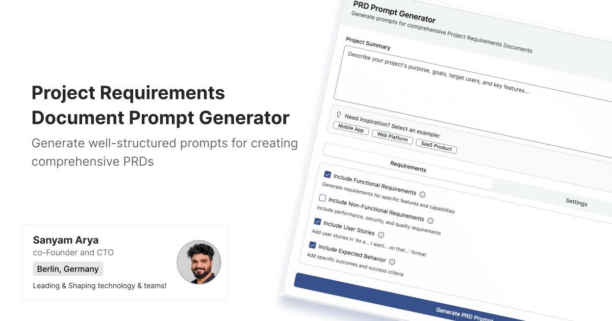Sanyam Arya | PRD Prompt Generator | Sanyam Arya Sanyam Arya | PRD Prompt Generator | Sanyam Arya