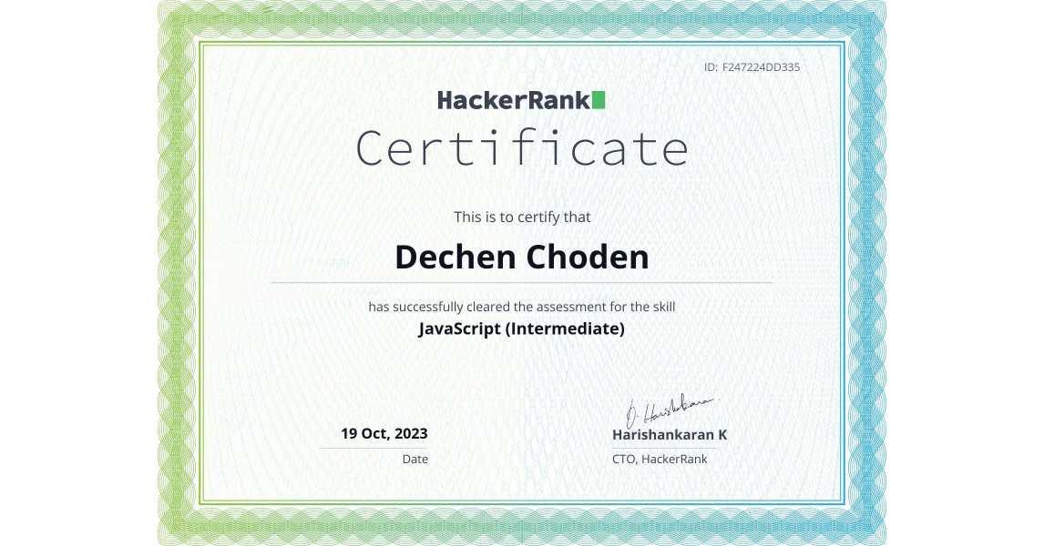 Dechen Choden on LinkedIn: HackerRank Skill Certificate Dechen Choden on LinkedIn: HackerRank Skill Certificate