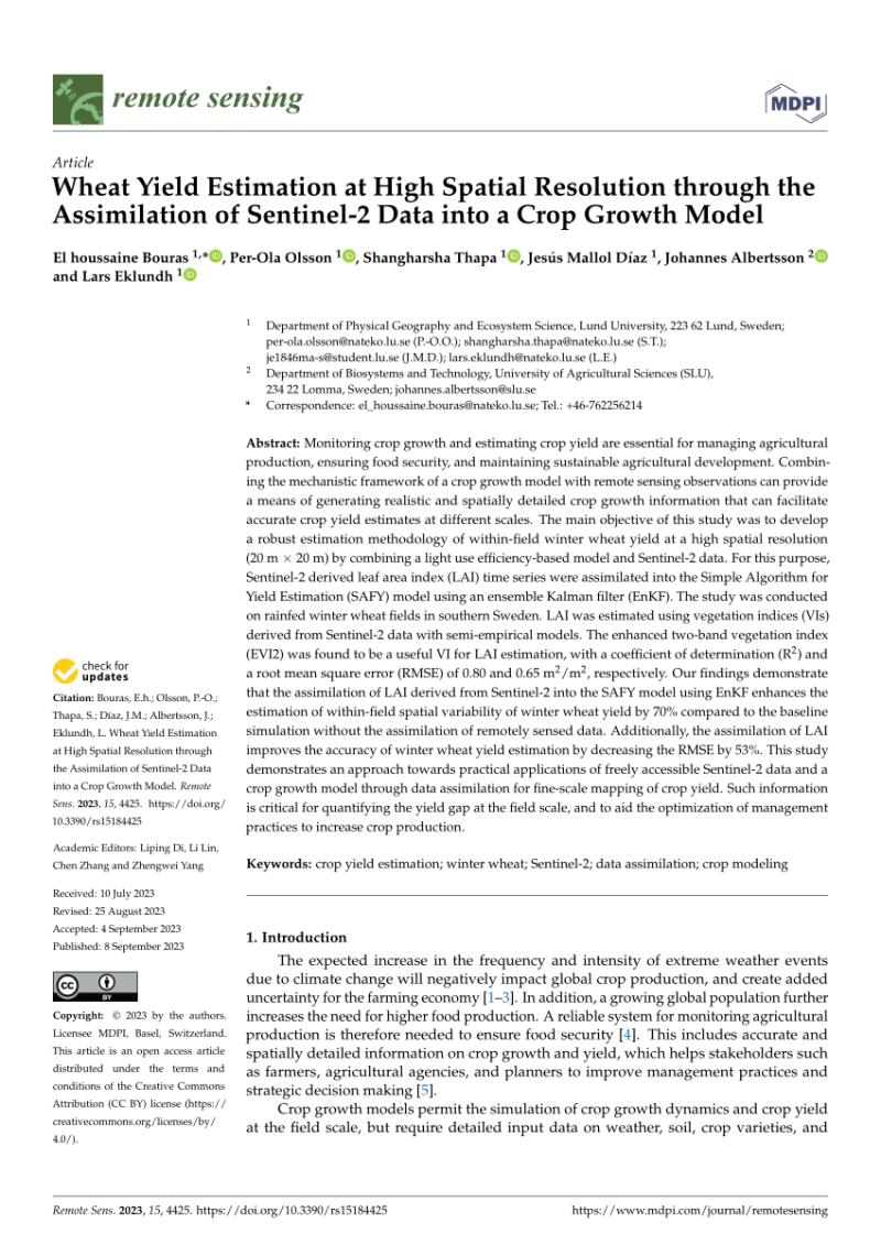 (PDF) Wheat Yield Estimation at High Spatial Resolution through the ... (PDF) Wheat Yield Estimation at High Spatial Resolution through the ...