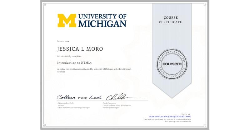 Jessica Moro on LinkedIn: Completion Certificate for Introduction to HTML5 Jessica Moro on LinkedIn: Completion Certificate for Introduction to HTML5