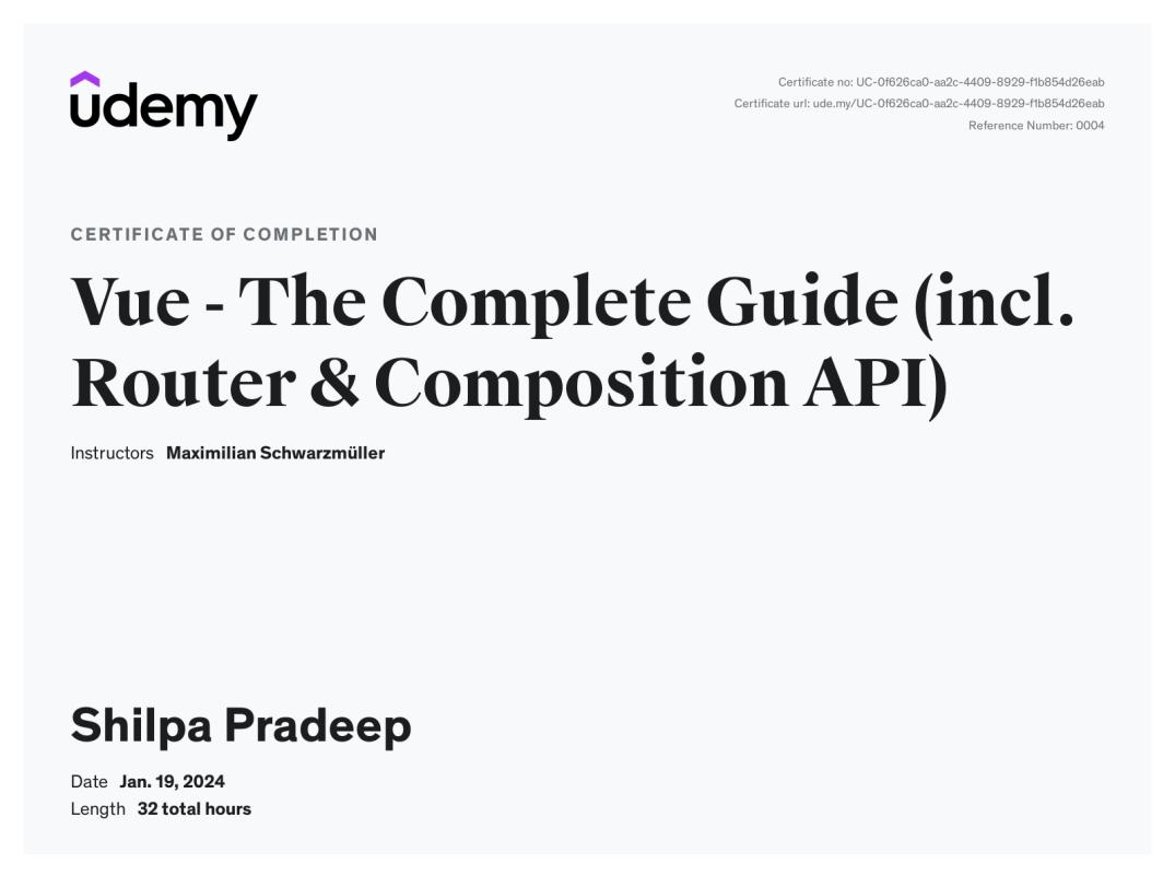 Completed Udemy course on Vue.js | Shilpa Pradeep posted on the topic ... Completed Udemy course on Vue.js | Shilpa Pradeep posted on the topic ...