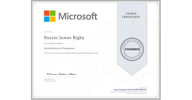 Completion Certificate for Introduction to Computers | Dustin Rigby Completion Certificate for Introduction to Computers | Dustin Rigby