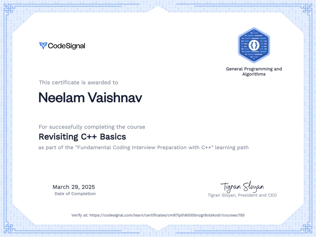 Course certificate for Revisiting C++ Basics | Neelam Vaishnav Course certificate for Revisiting C++ Basics | Neelam Vaishnav