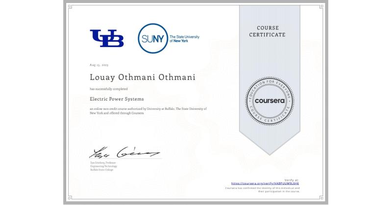 Louay Othmani on LinkedIn: Completion Certificate for Electric Power ... Louay Othmani on LinkedIn: Completion Certificate for Electric Power ...
