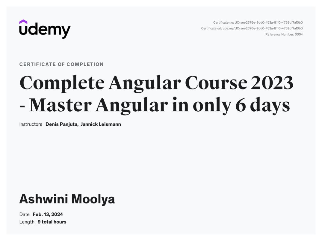 Udemy Course Completion Certificate | Ashwini Moolya Udemy Course Completion Certificate | Ashwini Moolya