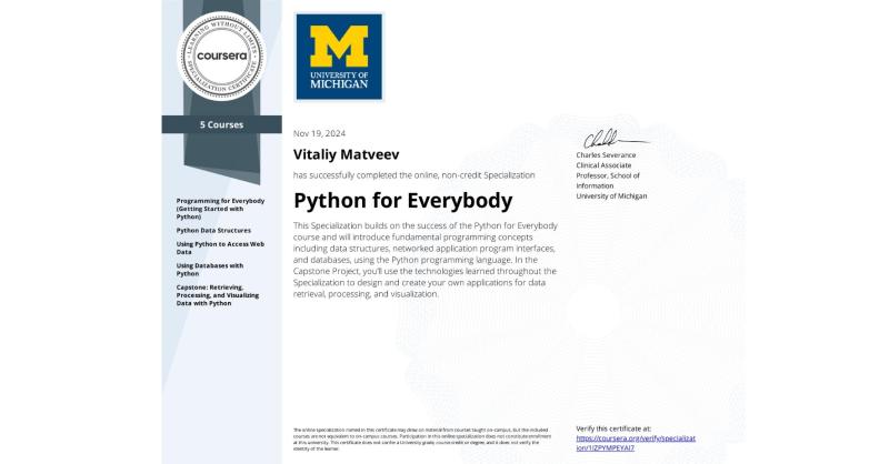Vitaliy Matveev on LinkedIn: Completion Certificate for Python for ... Vitaliy Matveev on LinkedIn: Completion Certificate for Python for ...