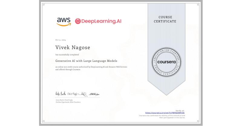 Vivek Nagose on LinkedIn: Completion Certificate for Generative AI with ... Vivek Nagose on LinkedIn: Completion Certificate for Generative AI with ...