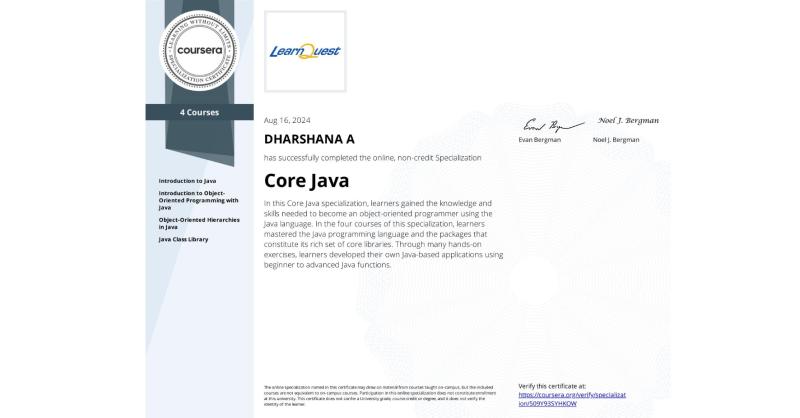 Dharshana Arumugam on LinkedIn: Completion Certificate for Core Java Dharshana Arumugam on LinkedIn: Completion Certificate for Core Java