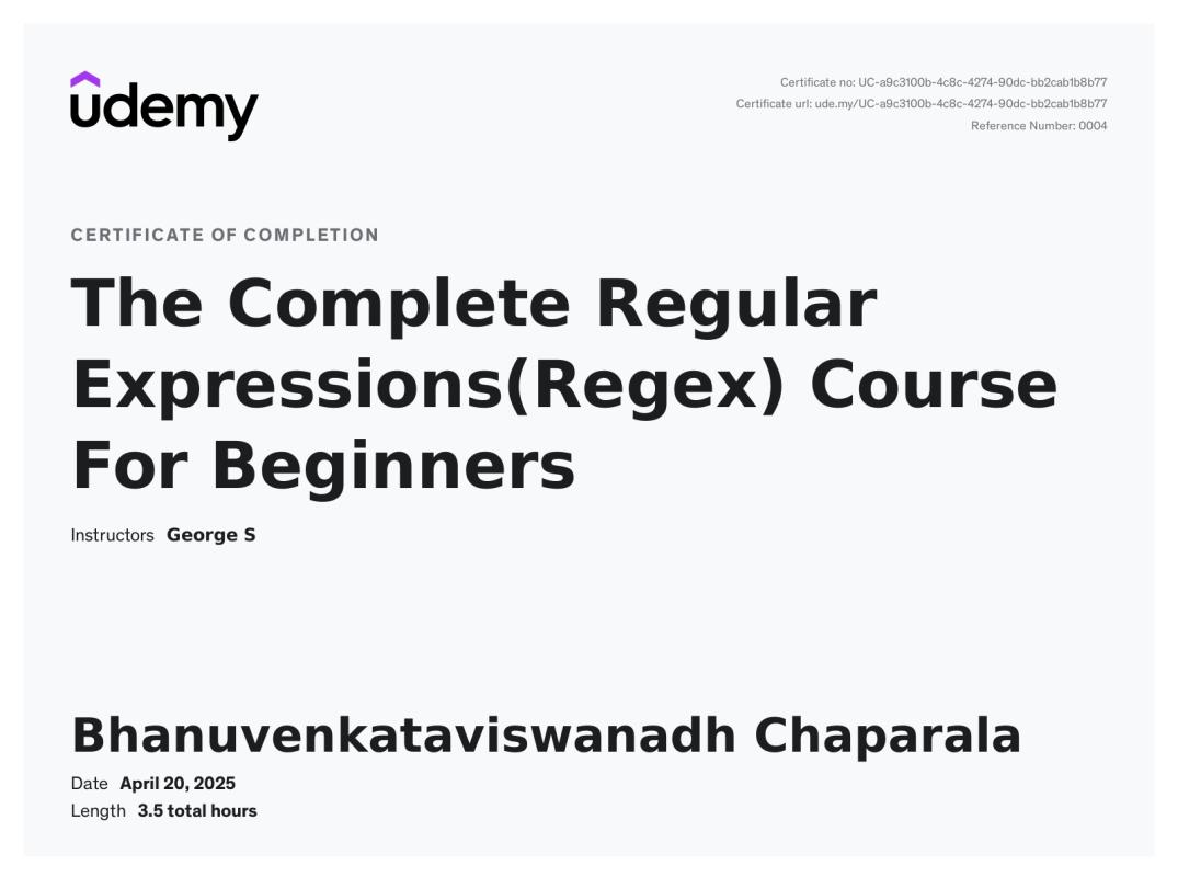 Udemy Course Completion Certificate | Bhanu Venkata Viswanadh Chaparala Udemy Course Completion Certificate | Bhanu Venkata Viswanadh Chaparala