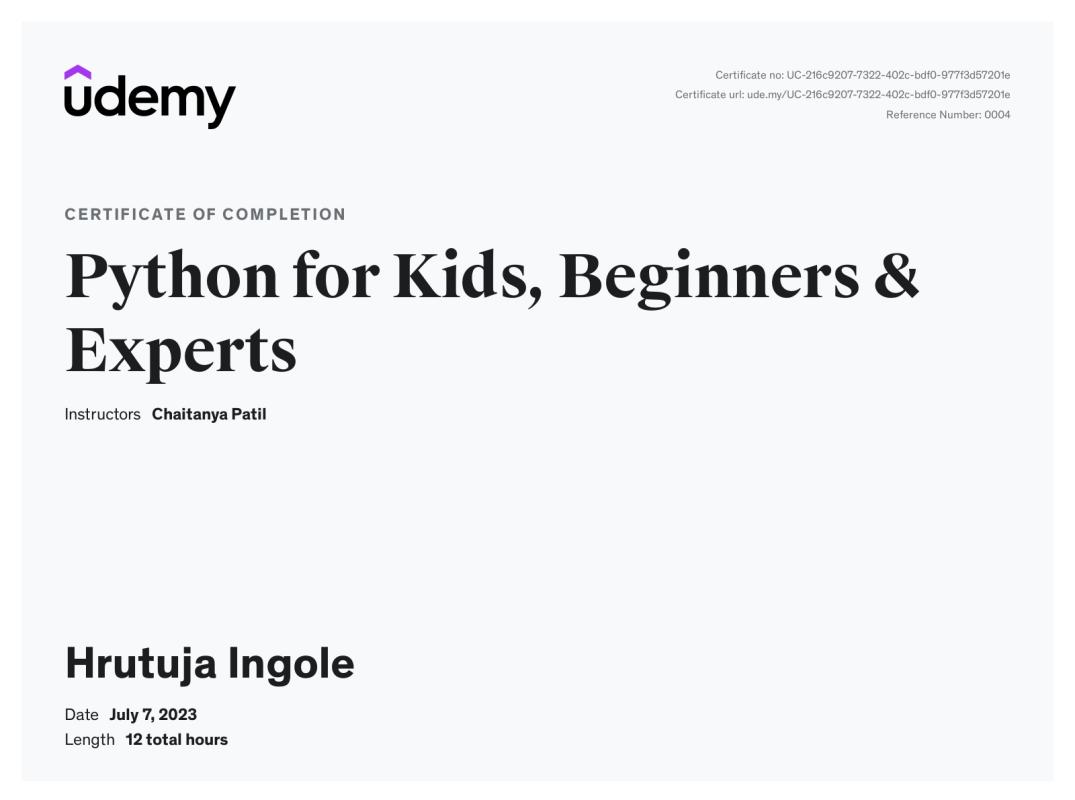 Udemy Course Completion Certificate | Hrutuja Ingole Udemy Course Completion Certificate | Hrutuja Ingole