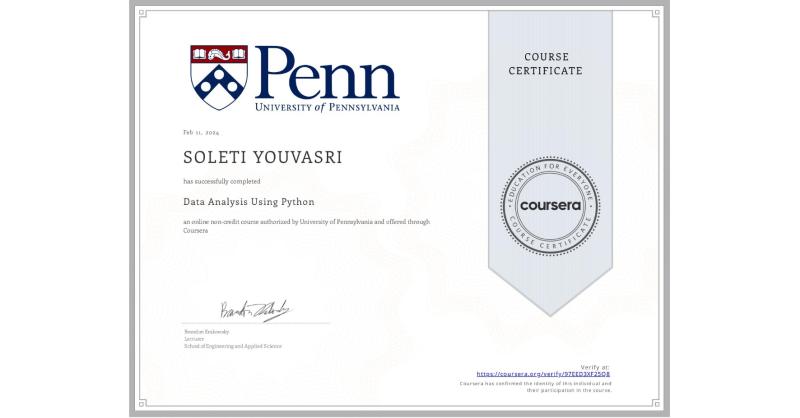 Completion Certificate for Data Analysis Using Python | Youvasri Soleti Completion Certificate for Data Analysis Using Python | Youvasri Soleti