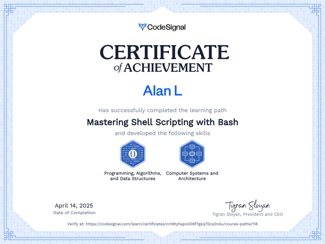 Path certificate for Mastering Shell Scripting with Bash | Alan Lai Path certificate for Mastering Shell Scripting with Bash | Alan Lai