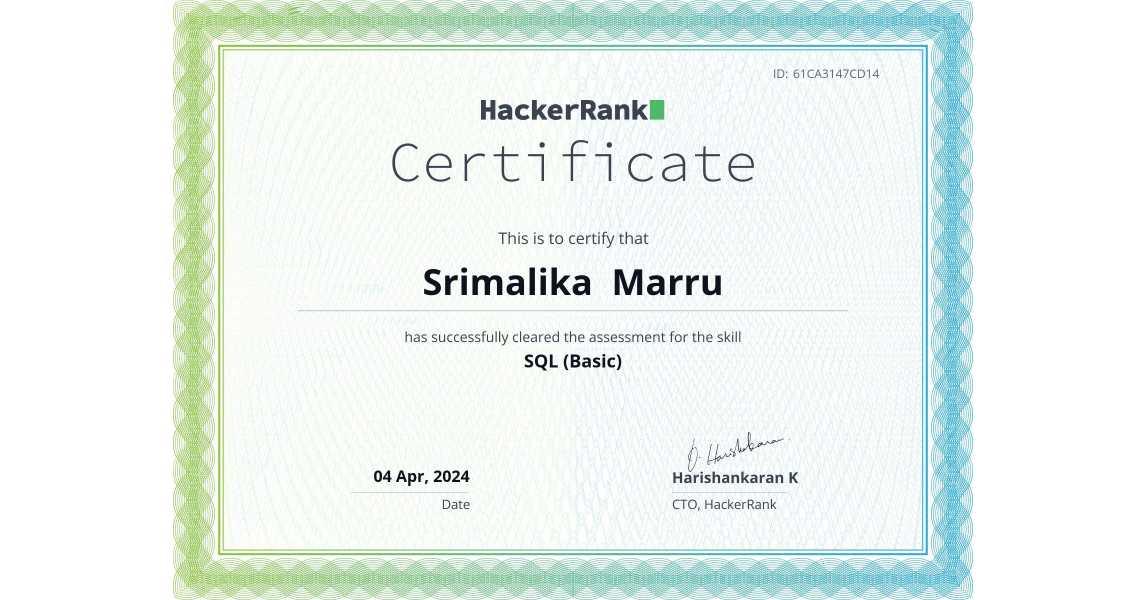 HackerRank Skill Certificate | Sri Malika Rao Marru HackerRank Skill Certificate | Sri Malika Rao Marru