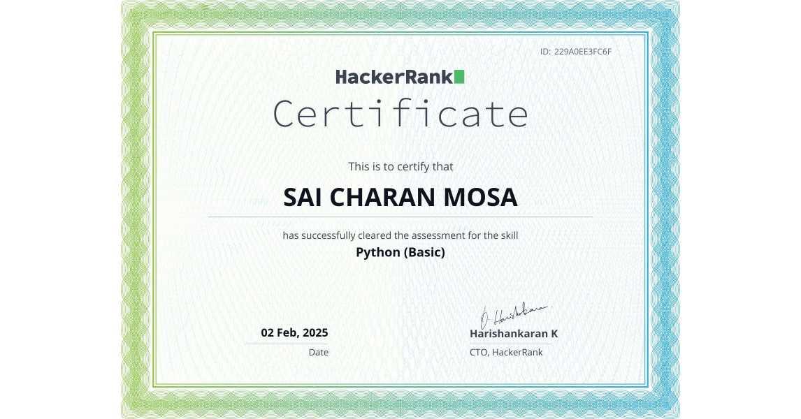HackerRank Skill Certificate | Sai charan Mosa HackerRank Skill Certificate | Sai charan Mosa