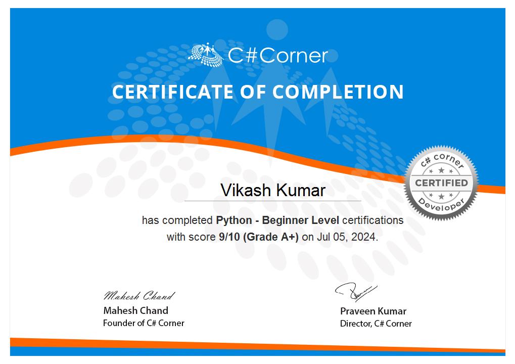 Vikash Kumar on LinkedIn: Python - Beginner Level Certification Vikash Kumar on LinkedIn: Python - Beginner Level Certification