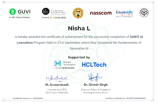 Nisha L on LinkedIn: GUVI Certificate Nisha L on LinkedIn: GUVI Certificate
