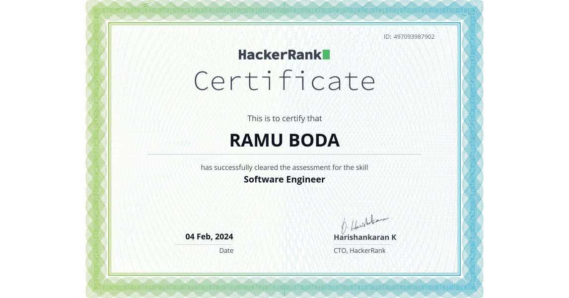 Ramu Boda on LinkedIn: HackerRank Skill Certificate Ramu Boda on LinkedIn: HackerRank Skill Certificate