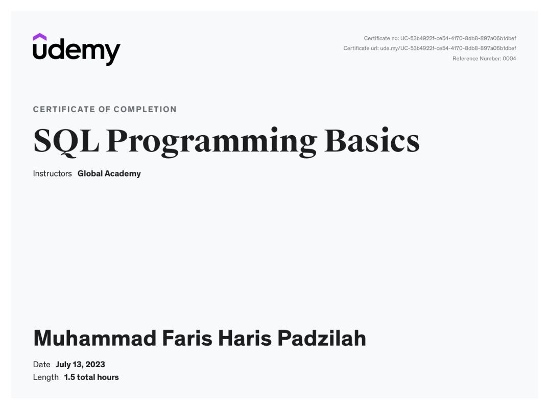 Udemy Course Completion Certificate | Muhammad Faris Haris Padzilah Udemy Course Completion Certificate | Muhammad Faris Haris Padzilah
